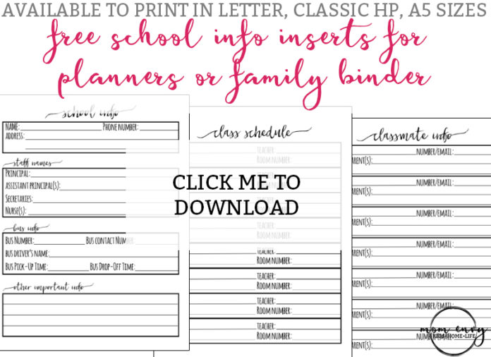 School Planner Inserts - Free Planner and Family Binder Inserts for School