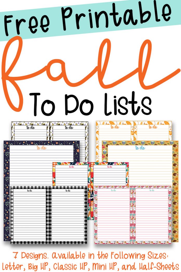 Free Fall To Do Lists - 7 Designs Available in Multiple Sizes