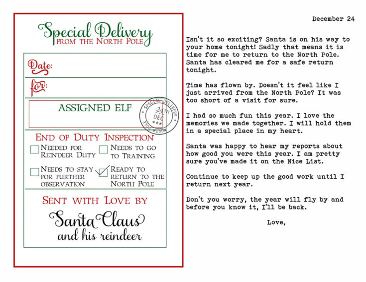 Elf on the Shelf Goodbye Letter