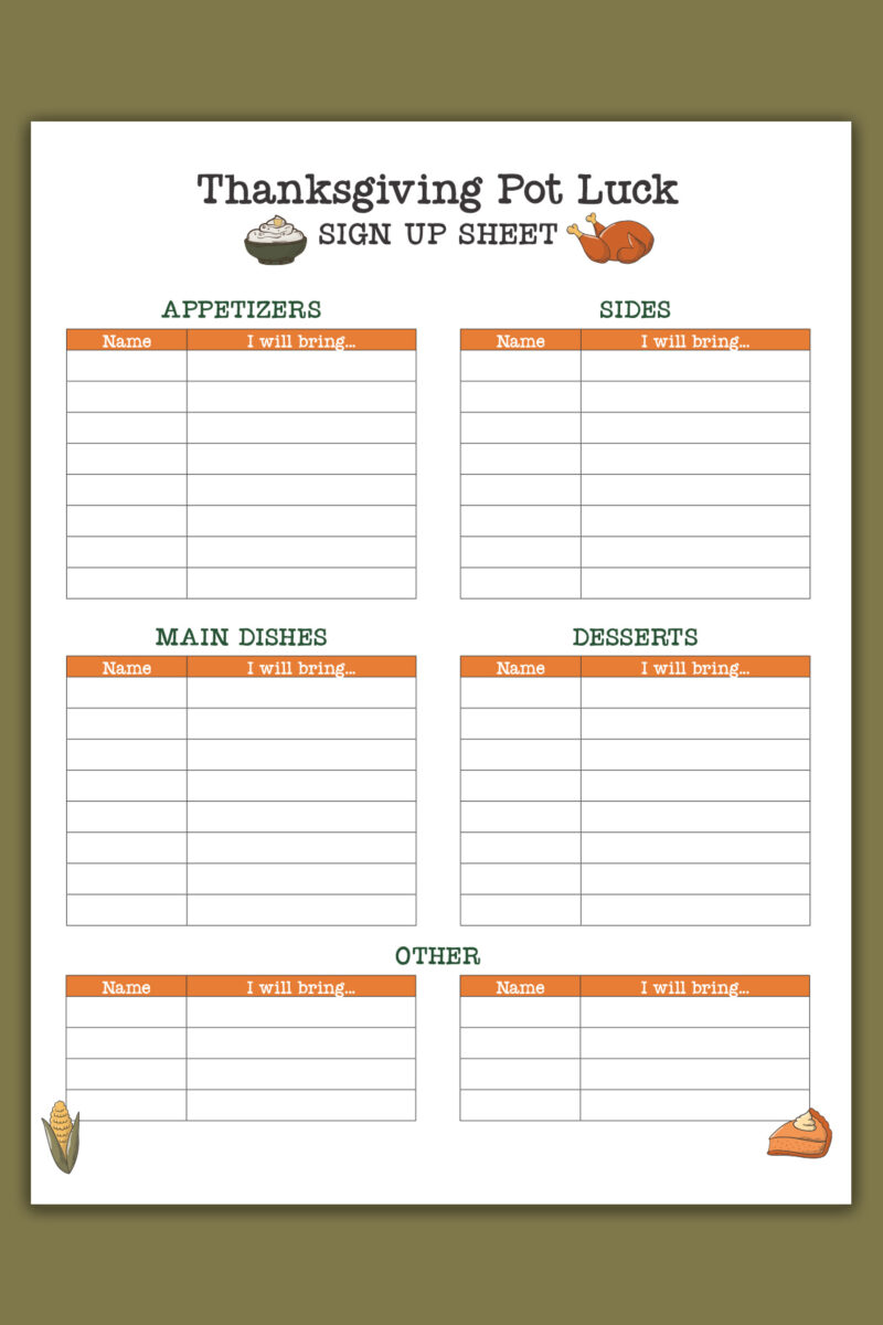 Free Printable Thanksgiving Potluck Sign Up Sheet Set - Google Sheets ...