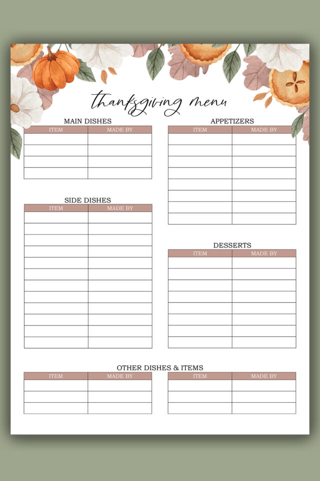 Thanksgiving Shopping List, To Do List, and Menu Printable Set