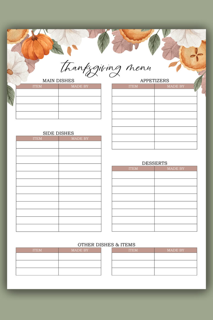 Thanksgiving Shopping List, To Do List, and Menu Printable Set