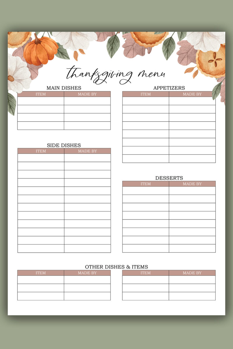 Thanksgiving Shopping List, To Do List, and Menu Printable Set