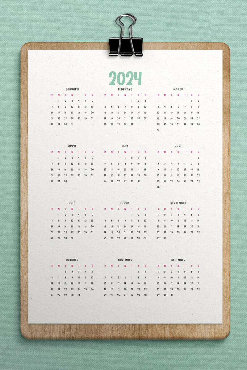 Free 2024 Year at a Glance Calendar Printable Templates