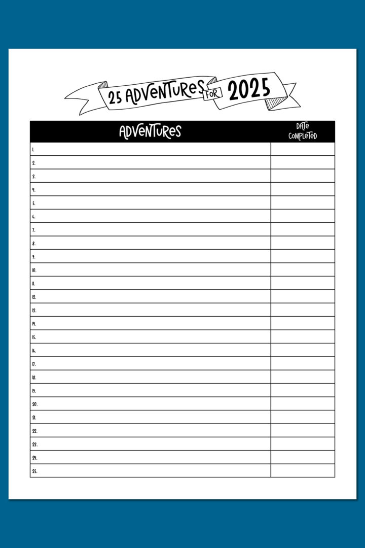 25 Yearly Goals & Adventures for 2025 Printable