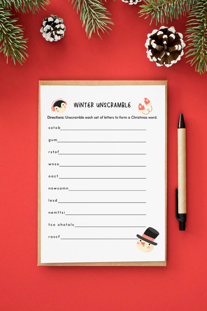 Free Printable Christmas & Winter Word Unscramble Worksheets