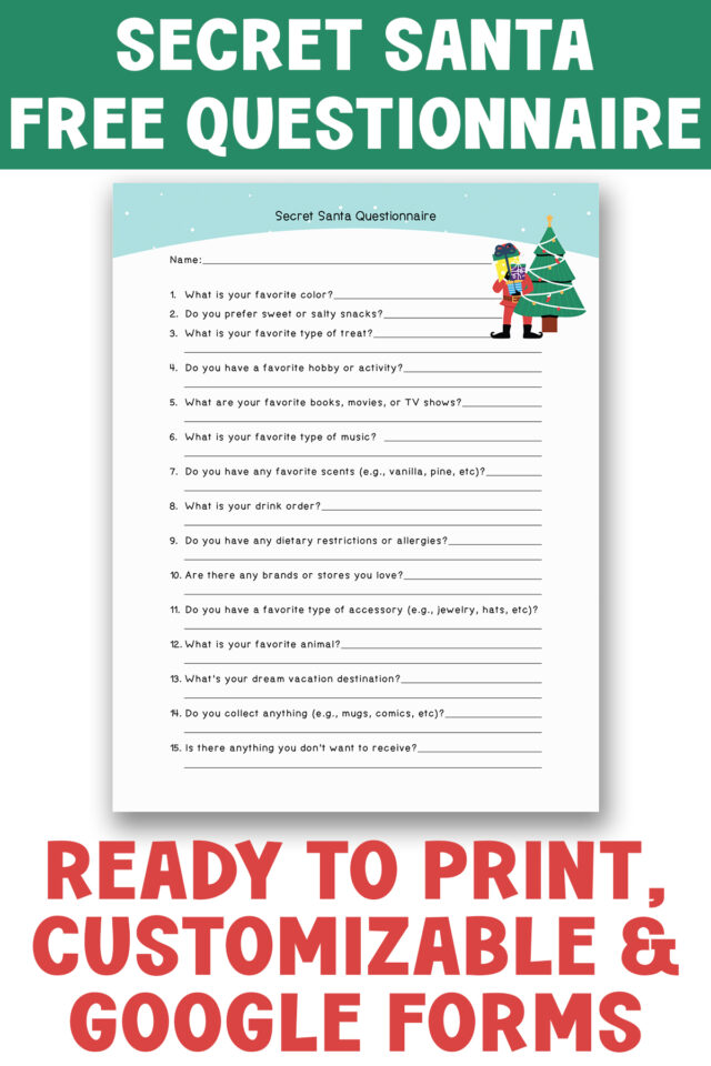 Free Secret Santa Printable & Digital Questionnaire Form