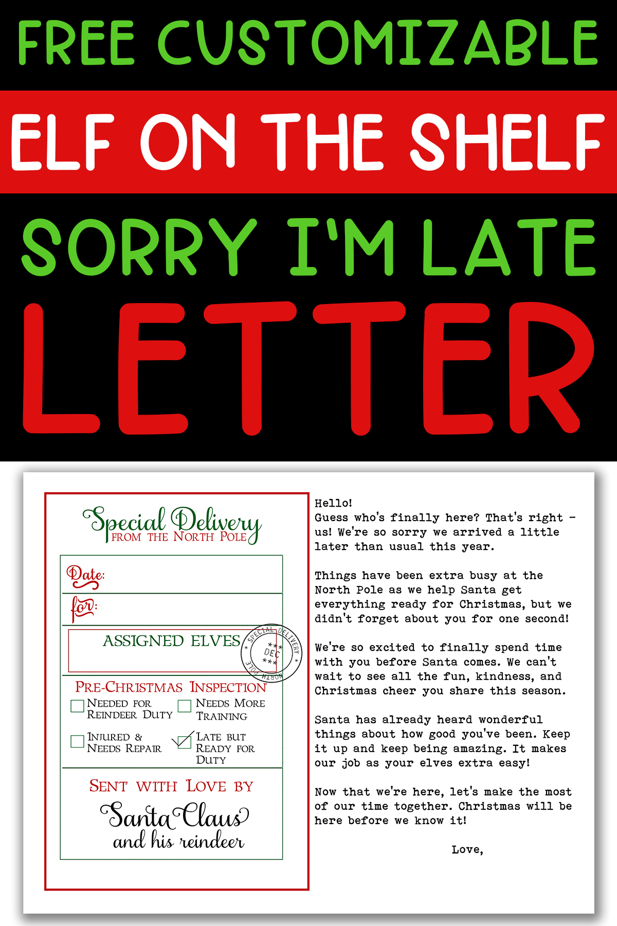 Free Printable Elf on the Shelf Sorry I'm Late Letter (Editable)