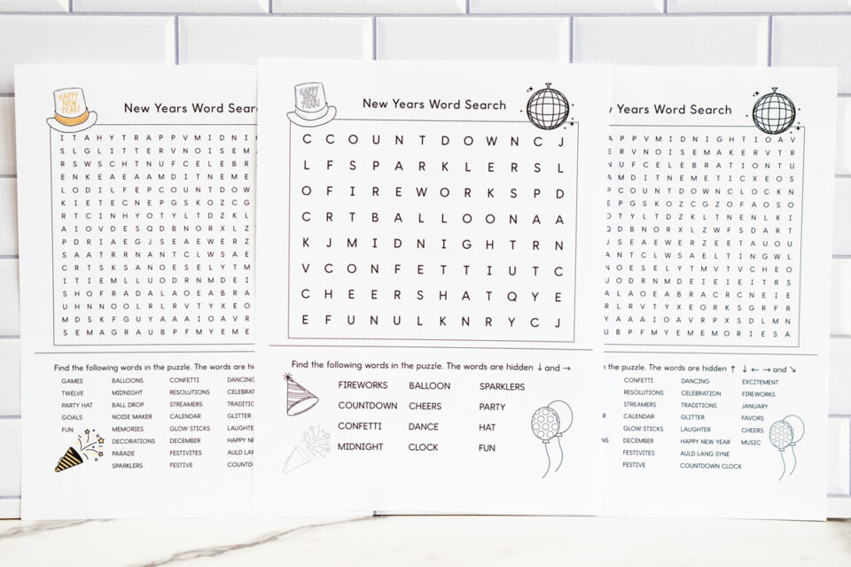 Free New Years Word Search Printable Set | 3 Levels